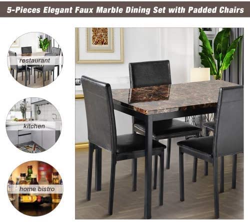 MOEO Furniture 5 Piece Kitchen and Dining Table Set for 4, Faux Marble Top Diningtable with 4 PU Leather Chairs, Breakfast Nook, Bar, Living Room, Black 2