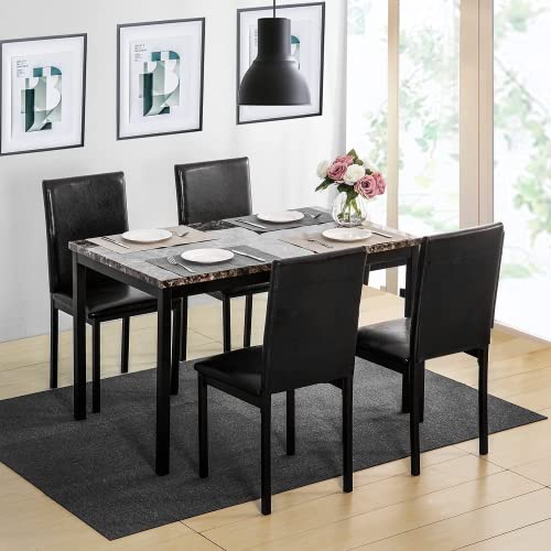 MOEO Furniture 5 Piece Kitchen and Dining Table Set for 4, Faux Marble Top Diningtable with 4 PU Leather Chairs, Breakfast Nook, Bar, Living Room, Black 2