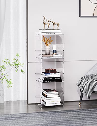 solaround Acrylic Narrow Bookcase Skinny Bookshelf Modern Display Storage Organizer for Living Room Office Bathroom (Clear, 3 Tier)