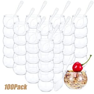 100 Pieces 2 oz Sphere Plastic Dessert Cups Mini Dessert Cups with Spoons Disposable Round Appetizer Cups Clear Parfait Cups Small Plastic Bowls for Salad Wedding Event Birthday Party Serving