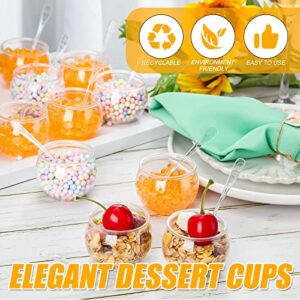 100 Pieces 2 oz Sphere Plastic Dessert Cups Mini Dessert Cups with Spoons Disposable Round Appetizer Cups Clear Parfait Cups Small Plastic Bowls for Salad Wedding Event Birthday Party Serving