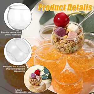 100 Pieces 2 oz Sphere Plastic Dessert Cups Mini Dessert Cups with Spoons Disposable Round Appetizer Cups Clear Parfait Cups Small Plastic Bowls for Salad Wedding Event Birthday Party Serving