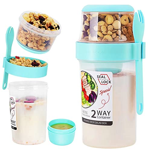 26 oz Breakfast On the Go Cups,Take and Go Yogurt Cup with Topping Cereal Cup with Fork,Leak-proof Overnight Oats or Oatmeal Container Jar,Portable Reusable Yogurt Snack Parfait Containers(Green)