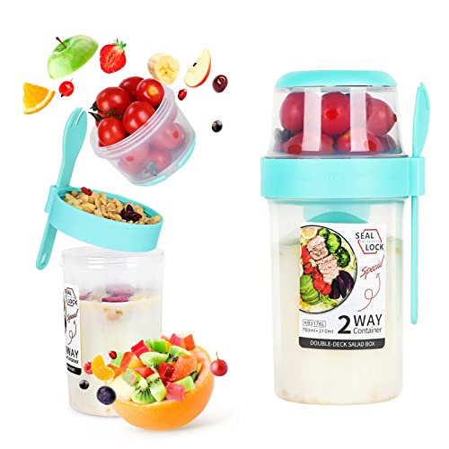 26 oz Breakfast On the Go Cups,Take and Go Yogurt Cup with Topping Cereal Cup with Fork,Leak-proof Overnight Oats or Oatmeal Container Jar,Portable Reusable Yogurt Snack Parfait Containers(Green)