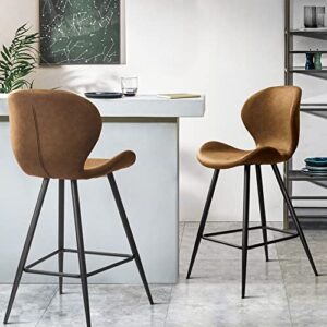 kithkasa counter height bar stools set of 2 with back, mid century modern pu leather 26" kitchen island barstools with metal legs for dining room kitchen counter pub brown