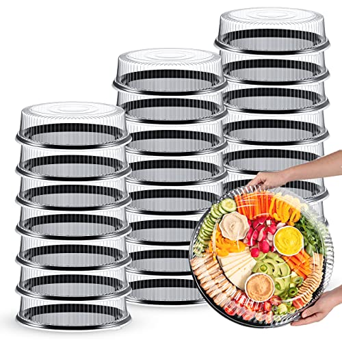 Romooa 24 Pieces Heavy Duty 16'' Serving Tray and Lid Large Fruit Trays Black Round Food Stackable Party Platters Plastic Catering for Appetizers Takeout Picnic