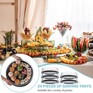 Romooa 24 Pieces Heavy Duty 16'' Serving Tray and Lid Large Fruit Trays Black Round Food Stackable Party Platters Plastic Catering for Appetizers Takeout Picnic