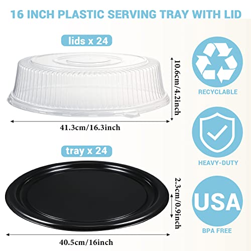 Romooa 24 Pieces Heavy Duty 16'' Serving Tray and Lid Large Fruit Trays Black Round Food Stackable Party Platters Plastic Catering for Appetizers Takeout Picnic