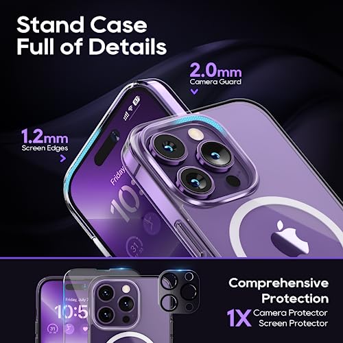 Niunisi Magnetic Case for iPhone 14 Pro Case with Screen Protector, (with Slim Kickstand + Camera Protector) Compatible with Magsafe Shockproof Crystal Clear Phone Case Cover 6.1-Inch, Clear