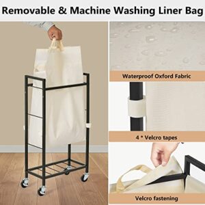 Slim Laundry Hamper with Wheels; 66L Narrow Rolling Laundry Basket with Removable Oxford Liner Bag; Thin Dirty Clothes Hamper with Sturdy Metal Frame; Tall Laundry Basket with Side Pocket (Beige)