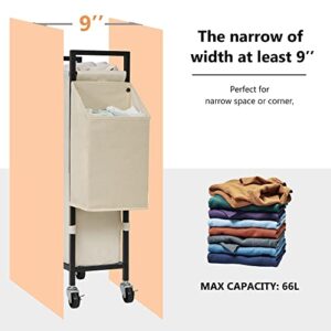 Slim Laundry Hamper with Wheels; 66L Narrow Rolling Laundry Basket with Removable Oxford Liner Bag; Thin Dirty Clothes Hamper with Sturdy Metal Frame; Tall Laundry Basket with Side Pocket (Beige)