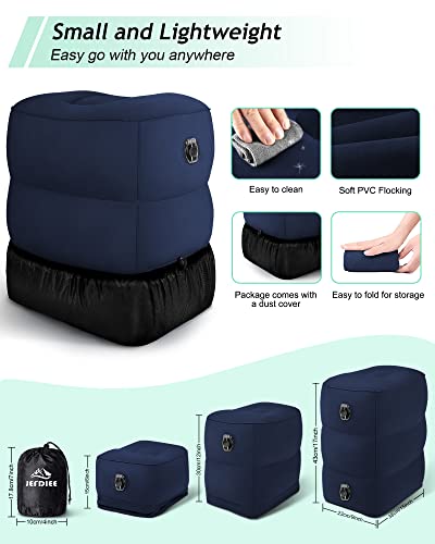 JefDiee Inflatable Travel Foot Rest Pillow, Kids Airplane Bed, Adjustable 3 Layers Height Leg Rest Pillow, Adults Travel Essentials Great for Airplane, Office, Home, Trains, Cars (Blue)