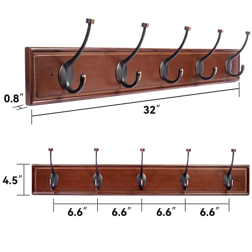 poemland 32" Wall Mount Extra Large Wood Coat Hooks with Heavy Duty Metal Hardware for Hanging Coat,Clothes,Jacket,Hats (Walnut)