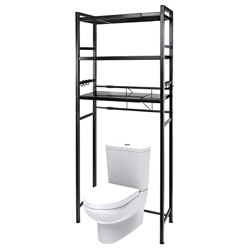 WCHOSOZH Bathroom Shelf Over Toilet, Telescopic Over The Toilet Space Saver with 6 Hooks, 3 Tier Freestanding Bathroom Organizer Storage Rack (Black)