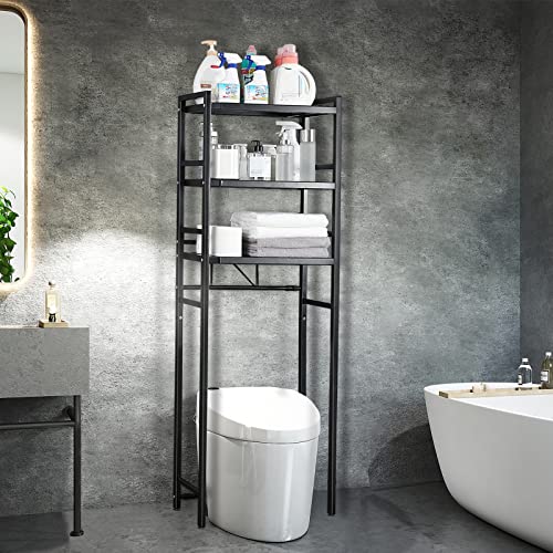 WCHOSOZH Bathroom Shelf Over Toilet, Telescopic Over The Toilet Space Saver with 6 Hooks, 3 Tier Freestanding Bathroom Organizer Storage Rack (Black)