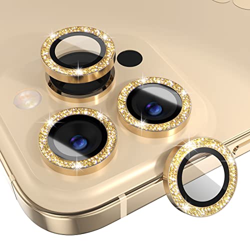 Choiche [3+1] for iPhone 14 Pro/iPhone 14 Pro Max Camera Lens Protector Bling, 9H Tempered Glass Camera Cover Screen Protector Metal Ring Decoration Accessories (Glitter-Gold)