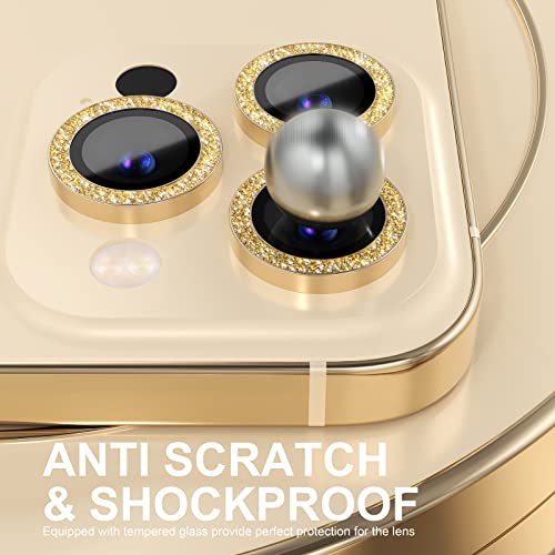 Choiche [3+1] for iPhone 14 Pro/iPhone 14 Pro Max Camera Lens Protector Bling, 9H Tempered Glass Camera Cover Screen Protector Metal Ring Decoration Accessories (Glitter-Gold)