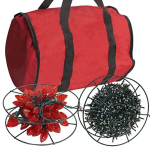 dazzle bright christmas lights storage bags, 3 metal reels to store holiday christmas string lights, red tear proof oxford fabric zip up bag with reinforced handles