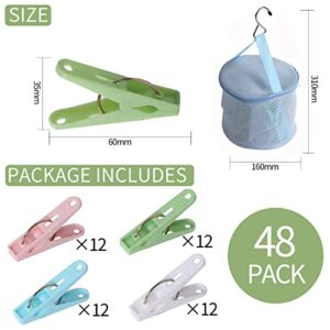 48 Pack Plastic Clothes Pins Heavy Duty Outdoor for Hanging Clothes, Colored Clothespins Clips with Springs Clothes Drying Line Pegs with Mesh Clothes pin Bag，Crafts Picture Clips Food Package Clips