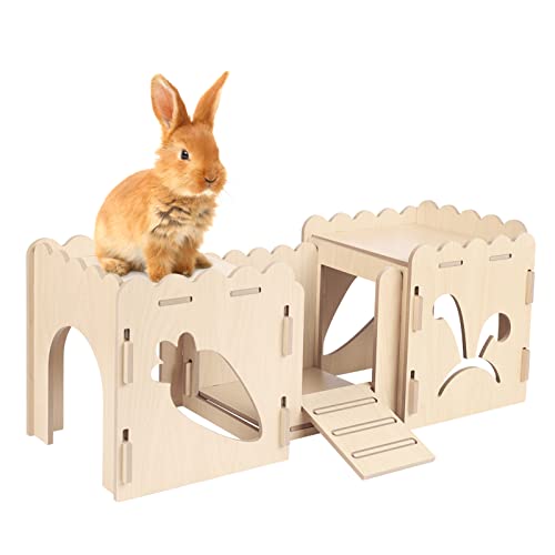 ASENKU Large Wooden Rabbit Castle with Ladders, Detachable Rabbit Hideout for Guinea Pig Chinchilla Hamsters, Sturdy Bunny Play House Handmade Hut for Small Animal to Hide