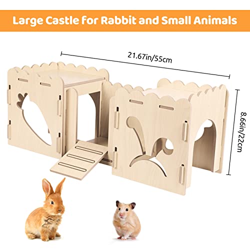 ASENKU Large Wooden Rabbit Castle with Ladders, Detachable Rabbit Hideout for Guinea Pig Chinchilla Hamsters, Sturdy Bunny Play House Handmade Hut for Small Animal to Hide