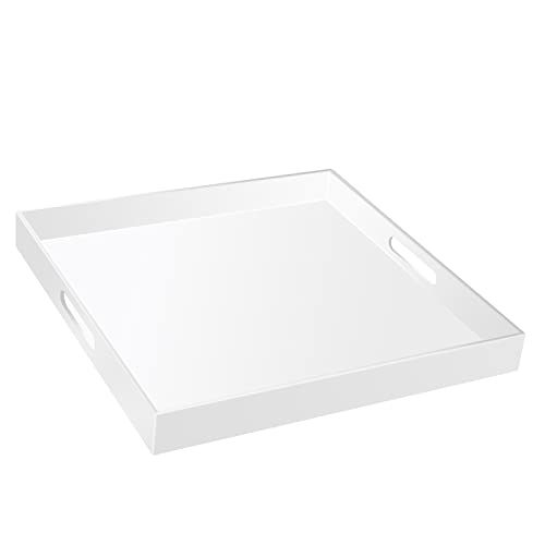 MIKINEE 20×20 Inches Glossy White Acrylic Sturdy Serving Tray Decorative Ottoman Coffee Table Trays Water Proof Bed Tray Counter Top Organizer