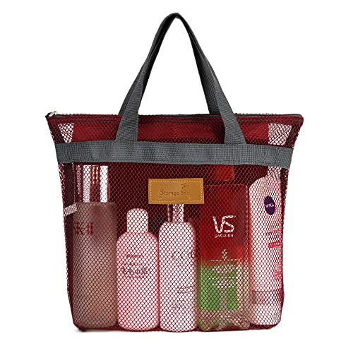 TOPASION Mesh Shower Caddy Bag Portable Hanging Toiletry and Bath Organizer with Zipper for Swimming, Travel, Gym, Camping, College Dorms, Beach (Wine Red)