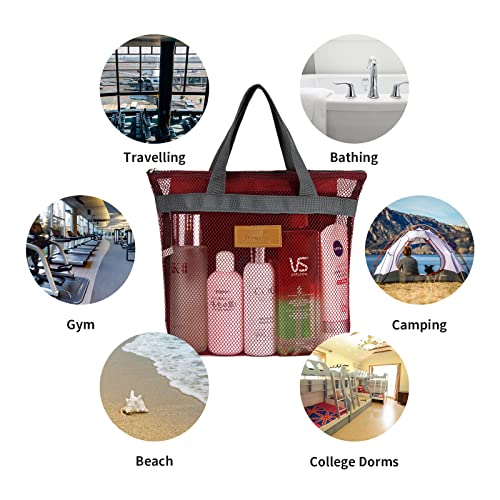 TOPASION Mesh Shower Caddy Bag Portable Hanging Toiletry and Bath Organizer with Zipper for Swimming, Travel, Gym, Camping, College Dorms, Beach (Wine Red)