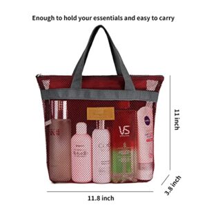 TOPASION Mesh Shower Caddy Bag Portable Hanging Toiletry and Bath Organizer with Zipper for Swimming, Travel, Gym, Camping, College Dorms, Beach (Wine Red)