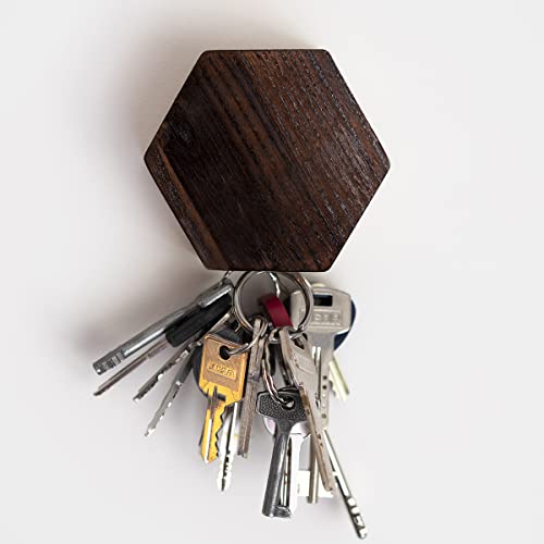 EWART WOODS Magnetic Key Holder for Wall Key Rack Key Hook for Wall Modern Key Holder entryway Organizer Wood Key Hook Storage Hexagon (Dark Brown, 3 pcs)