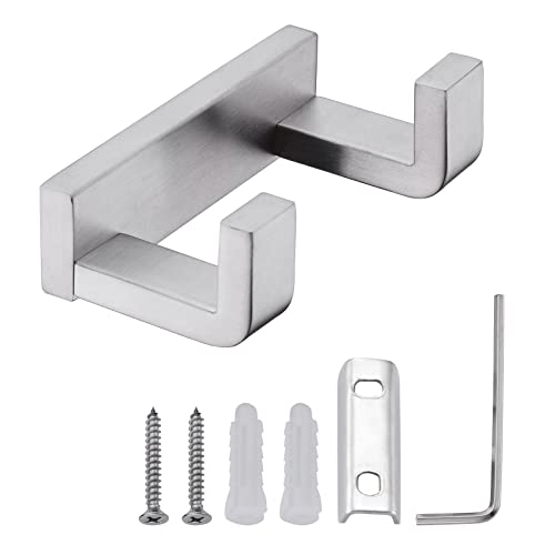 Brushed Nickel Bath Double Towel Hook, SUMILIN 304 Stainless Steel Heavy Duty Double Coat Hook for Bathroom Livingroom Kitchen Wall Mounted