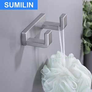 Brushed Nickel Bath Double Towel Hook, SUMILIN 304 Stainless Steel Heavy Duty Double Coat Hook for Bathroom Livingroom Kitchen Wall Mounted