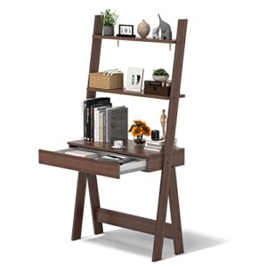 tangkula ladder desk with countertop & drawer, freestanding 2-tier ladder shelf desk, modern computer desk laptop table with storage bookshelf, anti-toppling device (walnut)