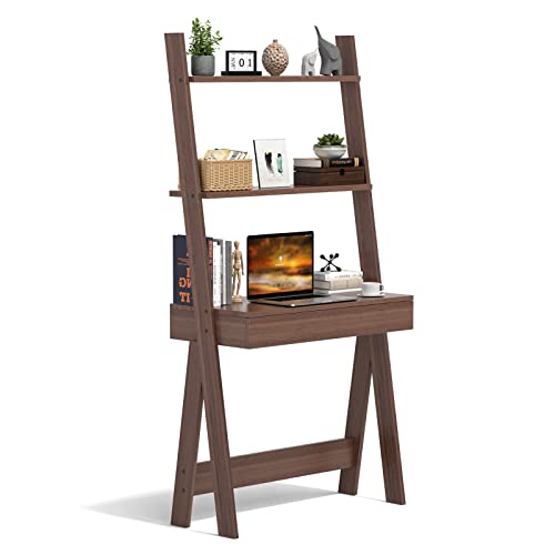 Tangkula Ladder Desk with Countertop & Drawer, Freestanding 2-Tier Ladder Shelf Desk, Modern Computer Desk Laptop Table with Storage Bookshelf, Anti-Toppling Device (Walnut)