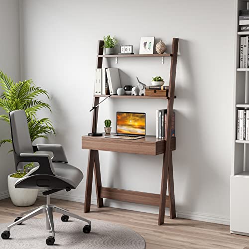 Tangkula Ladder Desk with Countertop & Drawer, Freestanding 2-Tier Ladder Shelf Desk, Modern Computer Desk Laptop Table with Storage Bookshelf, Anti-Toppling Device (Walnut)