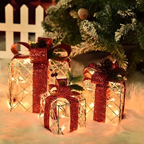 COVFEVER Lighted Gift Boxes Set of 3, Battery Operated Light Up Present Boxes Waterproof for Xmas Tree, Indoor Outdoor Christmas Decorations (Red Bow)