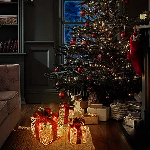 COVFEVER Lighted Gift Boxes Set of 3, Battery Operated Light Up Present Boxes Waterproof for Xmas Tree, Indoor Outdoor Christmas Decorations (Red Bow)