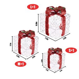 COVFEVER Lighted Gift Boxes Set of 3, Battery Operated Light Up Present Boxes Waterproof for Xmas Tree, Indoor Outdoor Christmas Decorations (Red Bow)