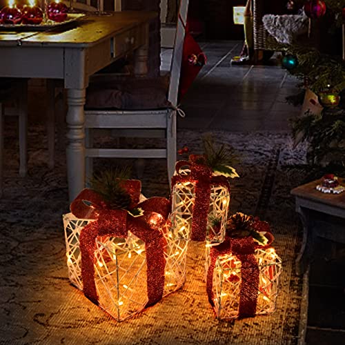 COVFEVER Lighted Gift Boxes Set of 3, Battery Operated Light Up Present Boxes Waterproof for Xmas Tree, Indoor Outdoor Christmas Decorations (Red Bow)