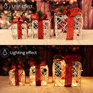 COVFEVER Lighted Gift Boxes Set of 3, Battery Operated Light Up Present Boxes Waterproof for Xmas Tree, Indoor Outdoor Christmas Decorations (Red Bow)