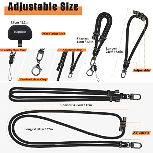 Universal Phone Lanyard with Wrist Strap, Adjustable Crossbody Cell Phone Lanyard Neck Strap and Wristlet Strap with 2 Lobster Clips, Phone Tether Patches and Phone Straps (Black, 2 Pack)