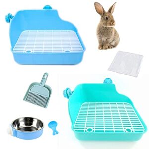 lucky interests 2 pcs rabbit litter box, hanging bunny corner small animal toilet potty trainer with pet crate bowl and spoon, mini broom & dustpan, disposable cage liner for guinea pigs (blue, green)