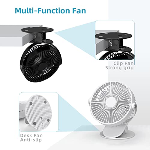 TOAOB Portable Clip Fan with Sturdy Clamp, Quiet Personal Desk Fan, 3 Speeds, Rechargeable Battery Operated Fan for Outdoor Indoor - White