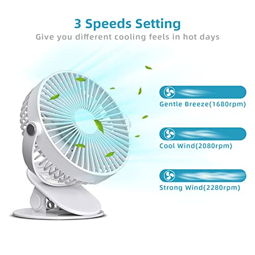 TOAOB Portable Clip Fan with Sturdy Clamp, Quiet Personal Desk Fan, 3 Speeds, Rechargeable Battery Operated Fan for Outdoor Indoor - White