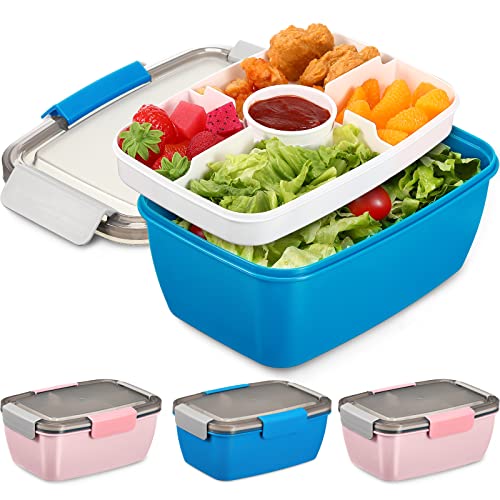 Potchen 4 Packs Salad Lunch Container 68 oz Large Bento Box Adult Bowl with 5 Compartments Dressings Style Tray for Toppings, Blue, Pink