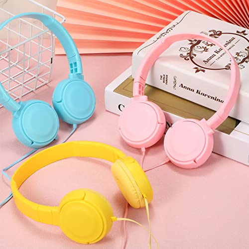 3 Pcs Kids Headphones Multi Color with Microphone 3.5 mm Jack Stereo Headphones Adjustable Wired on Ear Headphones for School Classroom Children Girls Boy Teen Computer Tablet Library Travel Airplane