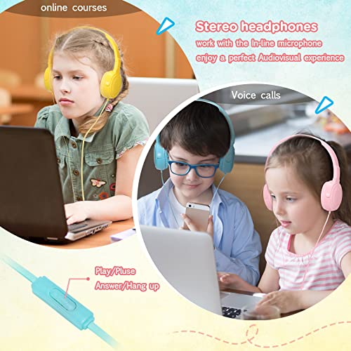 3 Pcs Kids Headphones Multi Color with Microphone 3.5 mm Jack Stereo Headphones Adjustable Wired on Ear Headphones for School Classroom Children Girls Boy Teen Computer Tablet Library Travel Airplane