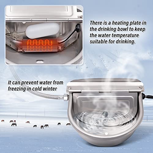 KHEARPSL Automatic Heated Dog Bowl Thermal-Bowl Livestock Waterer Water Trough Stainless Steel Auto Waterer for Chicken Dog Cattle Horse Pig Goat (Waterer+Pipe+Connector+Screw)