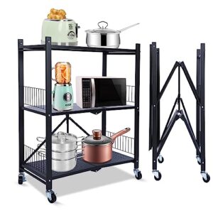 guuvor 3-shelf foldable storage shelves with wheels,kitchen shelves freestanding foldable metal storage shelf,no assembly storage shelves,heavy duty movable shelving for storeroom,garage,office