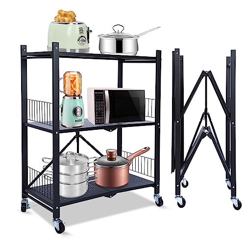 GUUVOR 3-Shelf Foldable Storage Shelves with Wheels,Kitchen Shelves Freestanding Foldable Metal Storage Shelf,No Assembly Storage Shelves,Heavy Duty Movable Shelving for Storeroom,Garage,Office